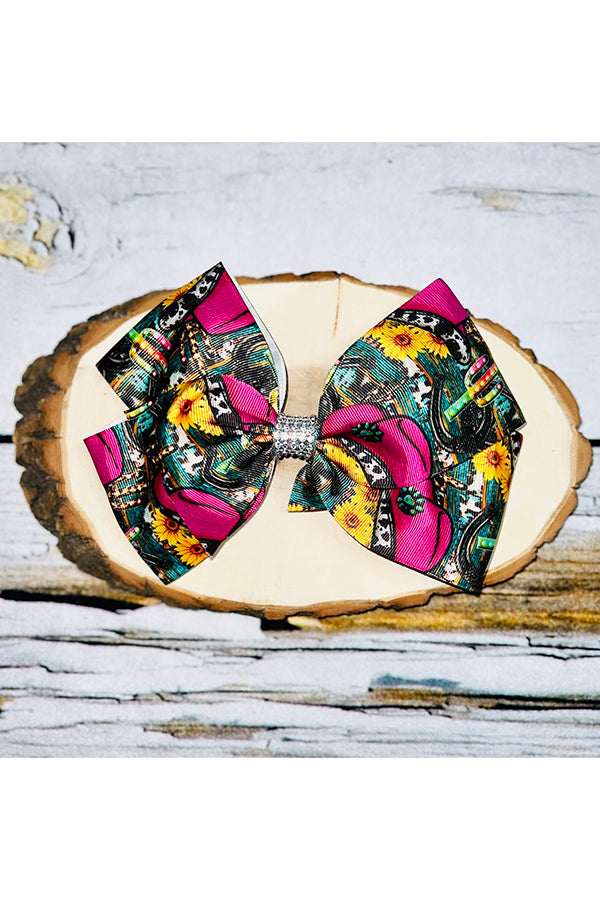 Hot pink cowboy hat w/sunflowers & cactus print 7.5" hair bow (set of ...