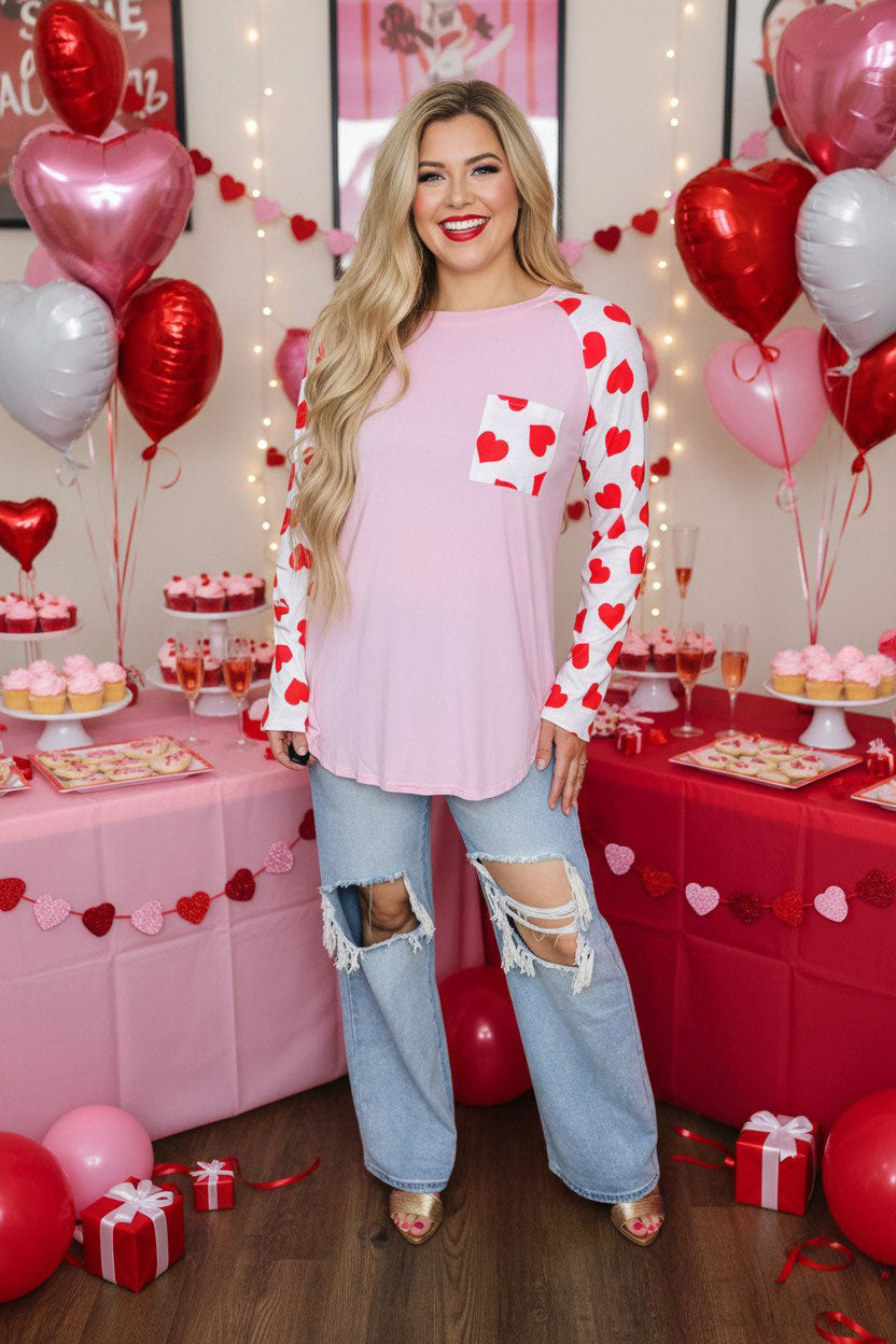 Hearts printed long sleeve & pink color block women top BQ8289 – Lulu ...